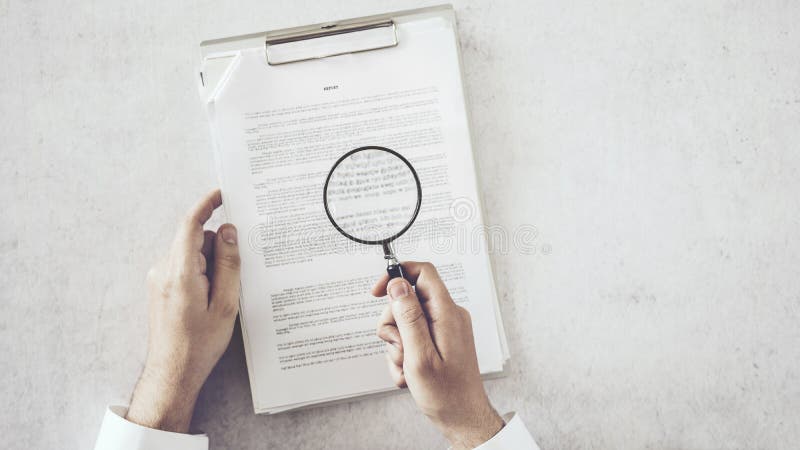 Man Hands Looking Document with Magnifying Glass Stock Photo - Image of ...
