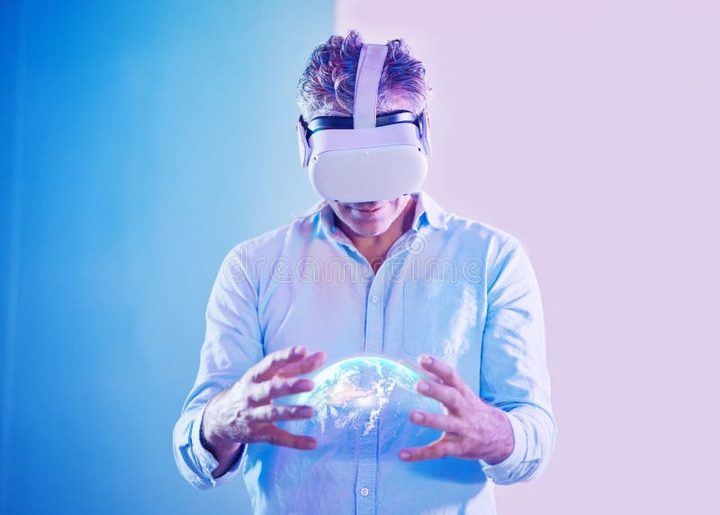 Man Hands, Metaverse and Virtual Reality Globe Hologram for World ...