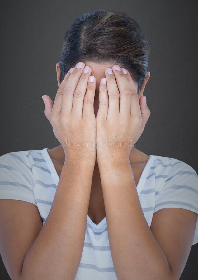Man with Hands Over Face Against Grey Wall Stock Image - Image of ...