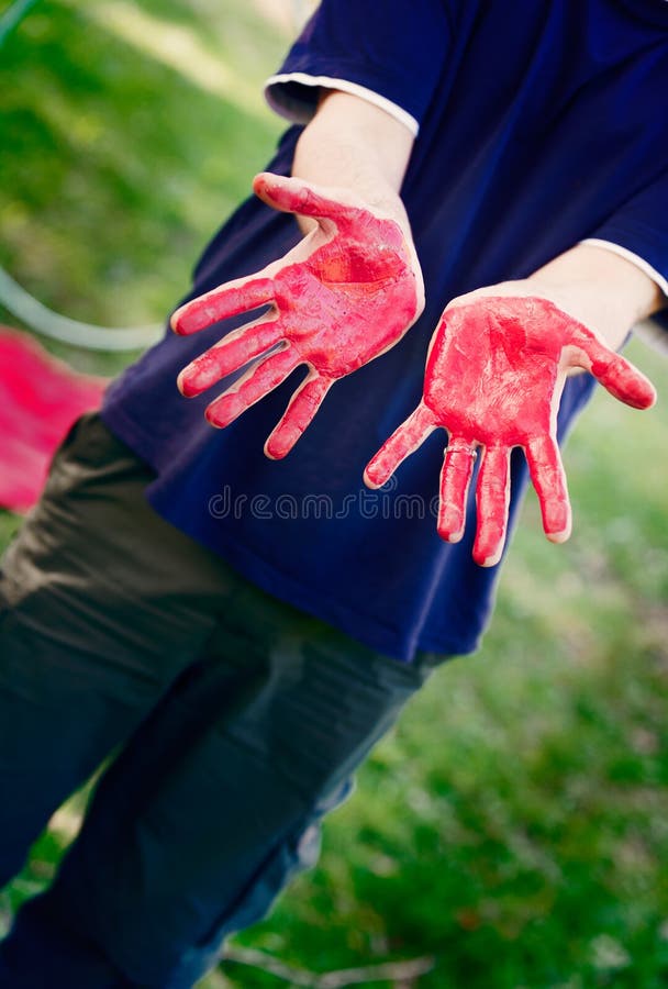 Man with Hands Painted with Red Body Paint Stock Image - Image of ...