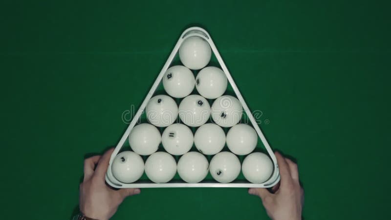 Man Hands Place Pyramid of White Balls with Help of Triangle on ...