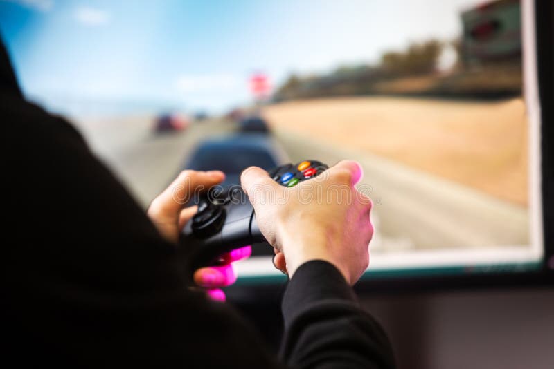 Man Hands Playing a Computer Game with a Game Joystick. Stock Photo ...