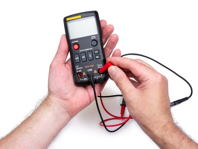 Man Hands Put Plug Probe in Digital Tester Multimeter. Isolated on ...