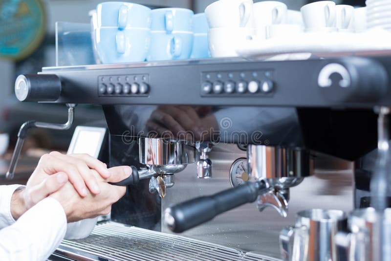 Man Hands Putting Holder in Coffee Machine Stock Image - Image of close ...