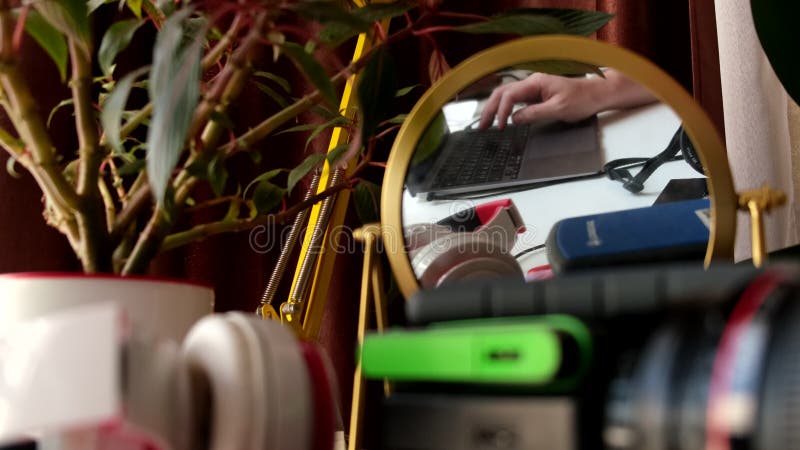 Man Hands Reflection in Mirror Typing on the Keyboard of Laptop Copy ...