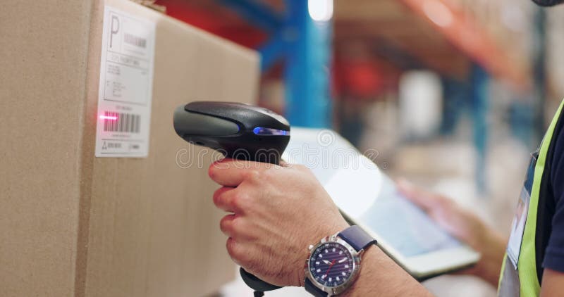 Man, Hands and Scanner with Tablet on Box for Price Checklist ...