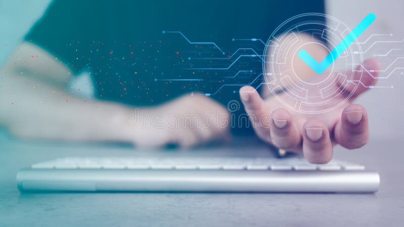 Man Hands Showing Virtual of Validation To Confirm Transaction or ...