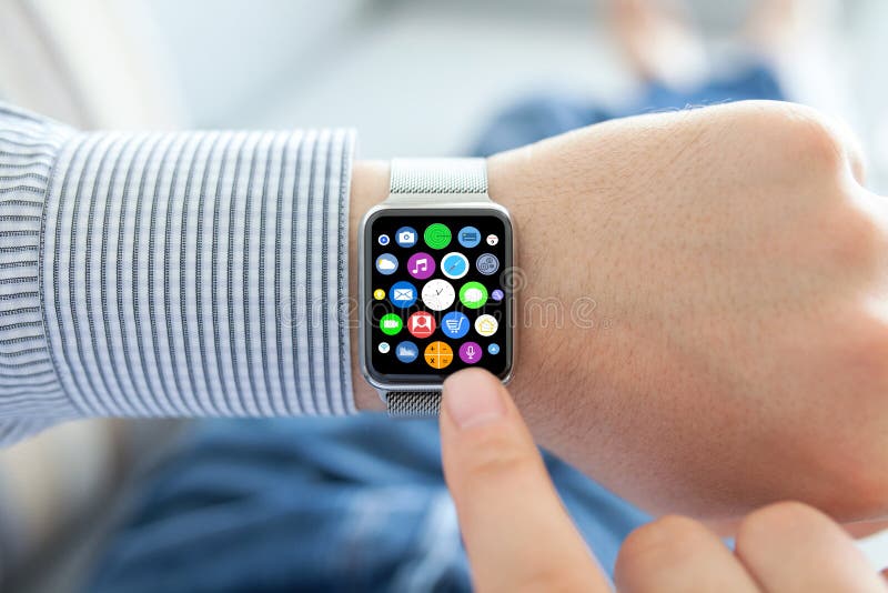 Man Hands Smart Touch Watch with Home Screen Icons Apps Stock Image ...