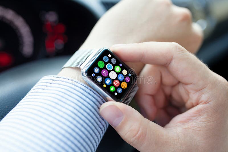 Man Hands Smart Touch Watch with Home Screen Icons Apps Stock Photo ...