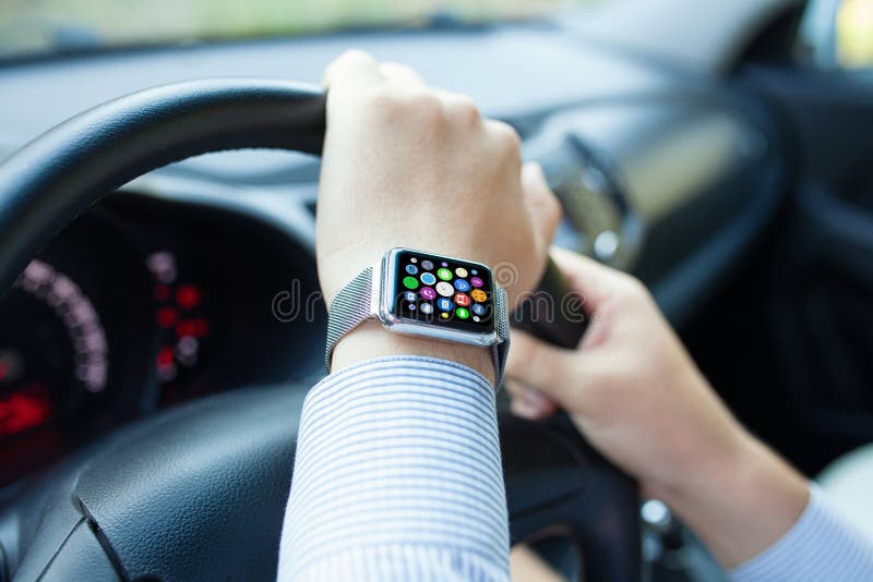 Man Hands Smart Touch Watch with Home Screen Icons Apps Stock Photo ...