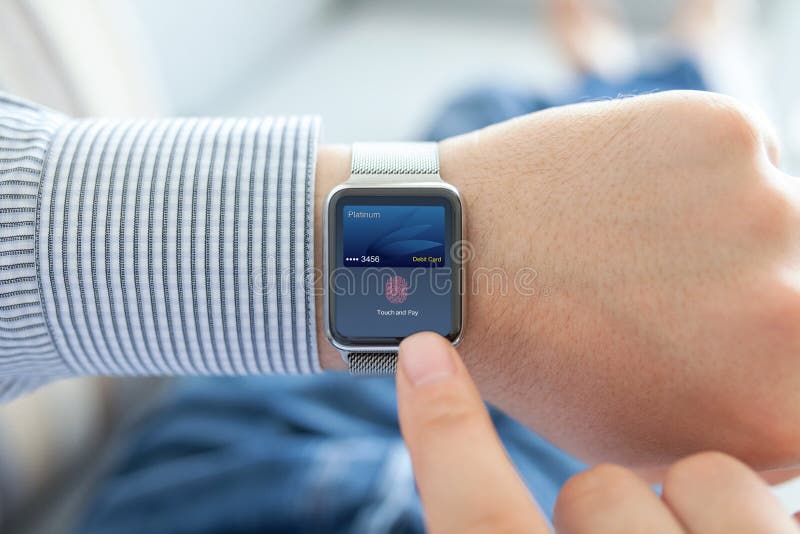 Man Hands with Smart Watch Debit Card Touch and Pay Stock Photo - Image ...