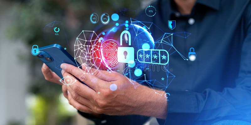 Man Hands with Smartphone, Cybersecurity Interface Stock Photo - Image ...