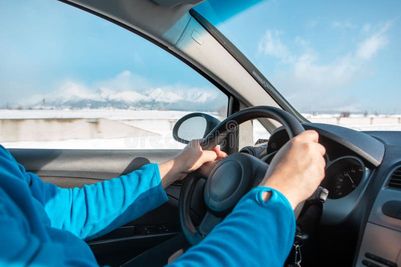 Man Hands on Steering Wheel Winter Road Trip Stock Image - Image of ...