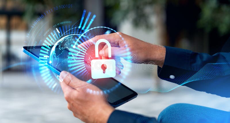 Man Hands with Tablet, Cybersecurity Interface Stock Image - Image of ...
