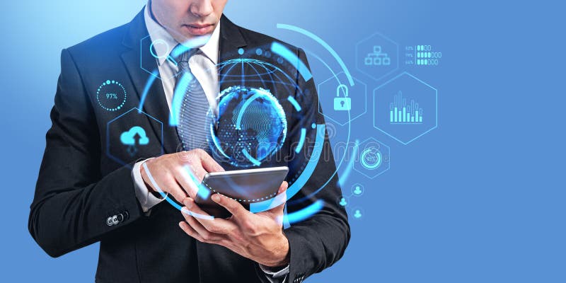 Man Hands with Tablet, Digital Network Interface Stock Image - Image of ...