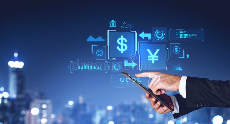 Man Hands with Tablet and Money Exchange and Transaction Stock Image ...