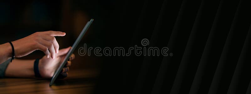 Man Hands Touching Digital Pad Pc Screen Using Gadget Night Stock ...