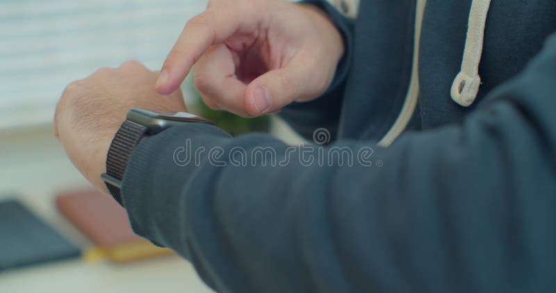 Man Hands Touching Smartwatch Screen To Use Mobile Application ...