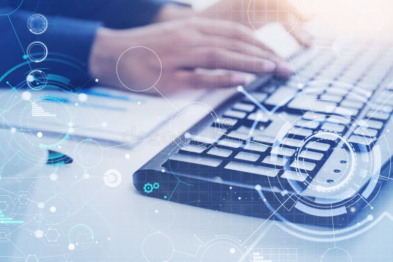 Man Hands Typing on Keyboard, HUD Network Interface Stock Photo - Image ...