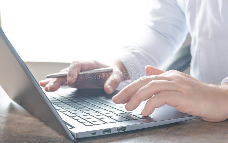 Man Hands Typing Keyboard Laptop. Project Manager Researching Process ...