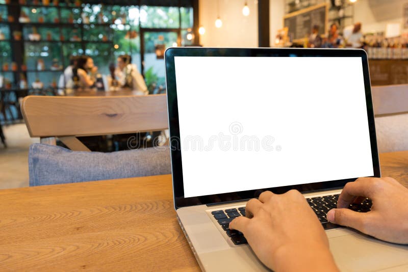 Man Hands Typing on Laptop with Blank White Screen on Wooden Tab Stock ...