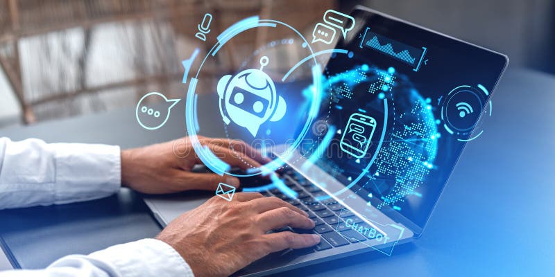 Man Hands Typing on Laptop, Chat Bot Hologram on Computer Screen Stock ...