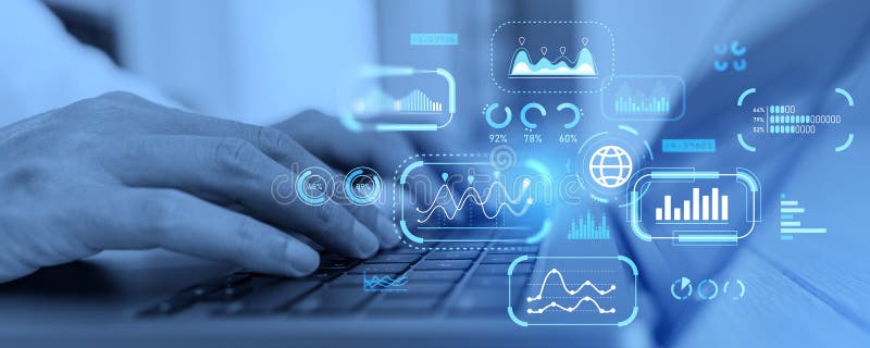 Man Hands Typing on Laptop, Digital Dashboard Stock Photo - Image of ...