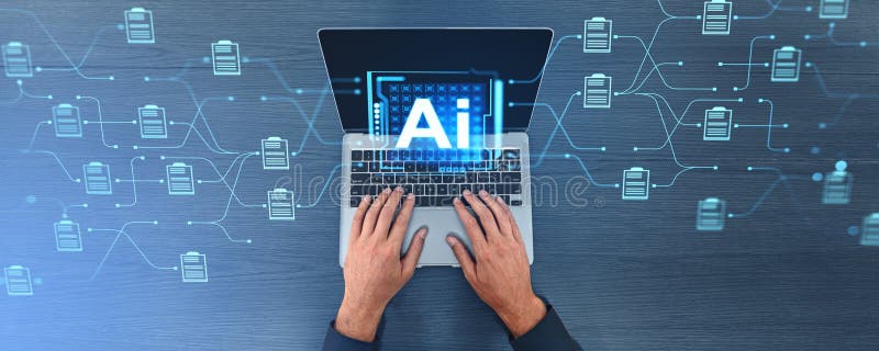 Man Using Laptop, AI Document Management System Hologram Hud Stock ...