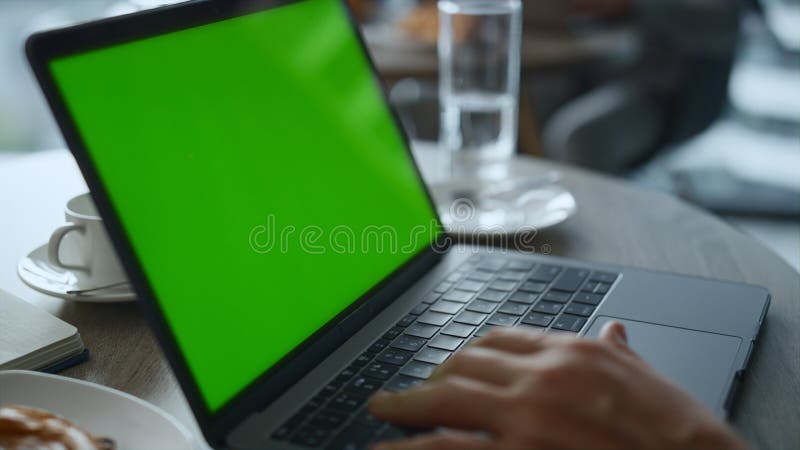 Man Hands Typing Keyboard Laptop Computer Green Screen in Cafe ...