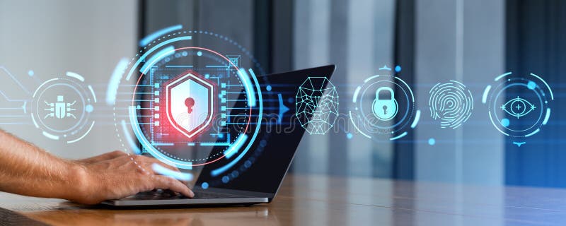 Man Hands Typing on Laptop in Office and Cybersecurity Shield Interface ...