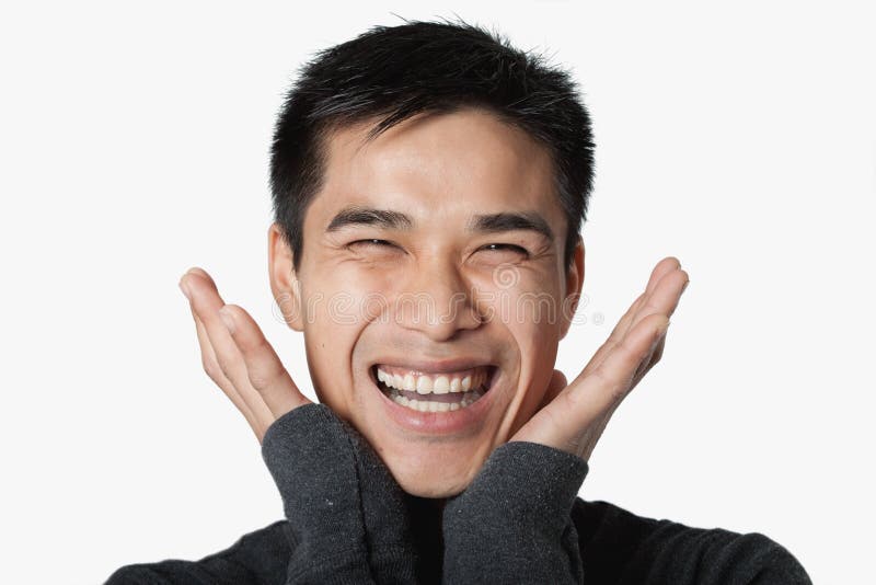 Man with Hands Up To His Face with Big Smile Stock Photo - Image of ...
