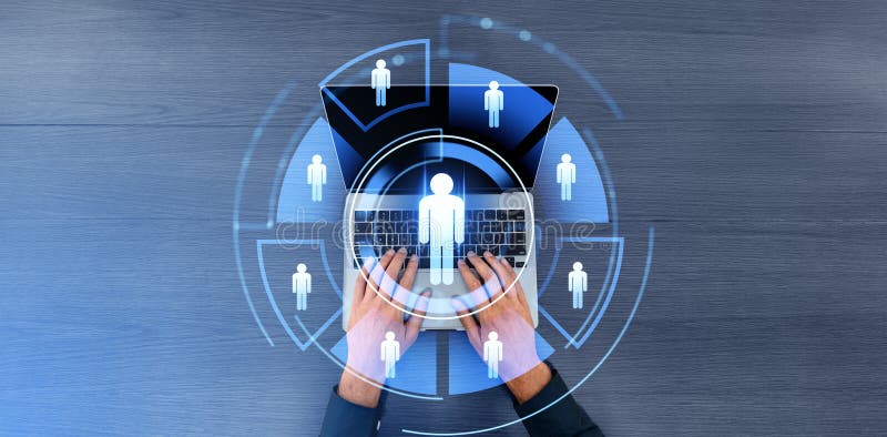 Man Hands Using Laptop Computer, People Profile Icons in Glowing Circle ...