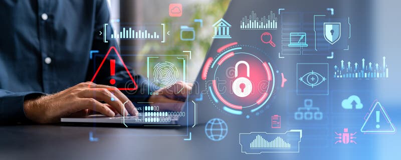 Man Hands Using Laptop and Cybersecurity Icons Stock Image - Image of ...