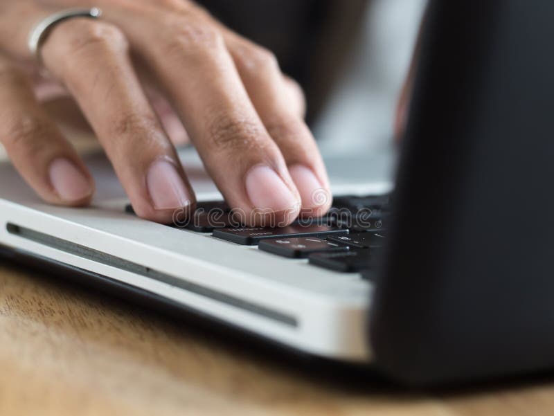Man Hands Using Laptop on Wooden Desk. Stock Photo - Image of notebook ...