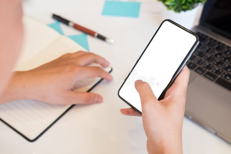 Man Hands Using Mock Up Smartphone Mobile is Empty Screen on Off Stock ...