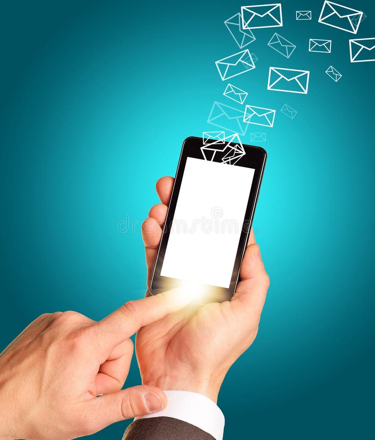 Man Hands Using Smart Phone with Flying Envelopes Stock Image - Image ...