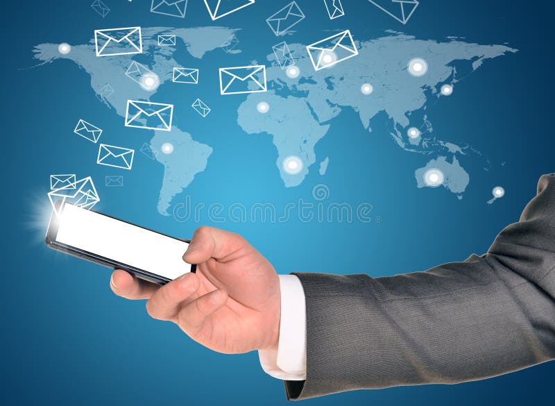 Man Hands Using Smart Phone with Flying Envelopes Stock Image - Image ...