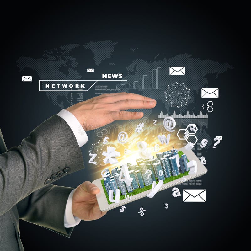 Man Hands Using Tablet Pc. Business City on Touch Stock Image - Image ...