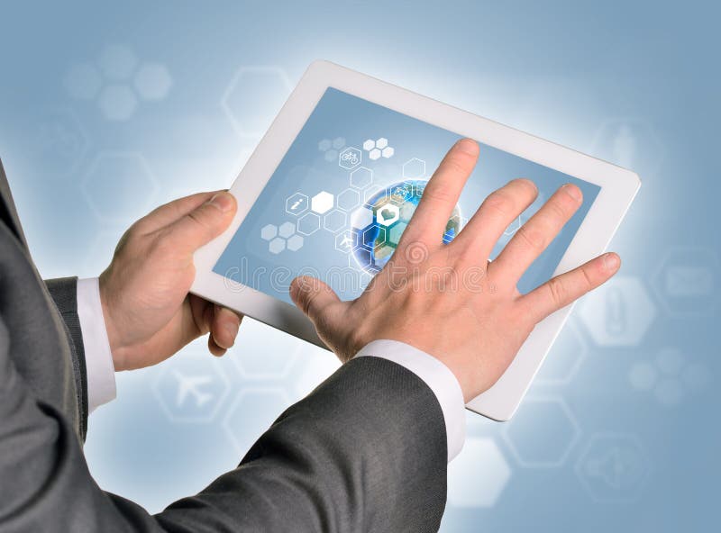 Man Hands Using Tablet Pc. Image of Earth on Stock Image - Image of ...