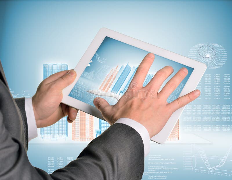 Man Hands Using Tablet Pc. Image of Wire-frame Stock Image - Image of ...