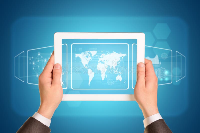 Man Hands Using Tablet Pc. Image of World Map on Stock Image - Image of ...