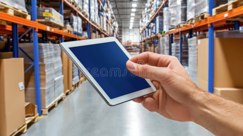 Man Hands Using Tablet in Warehouse, Business Logistics Management ...