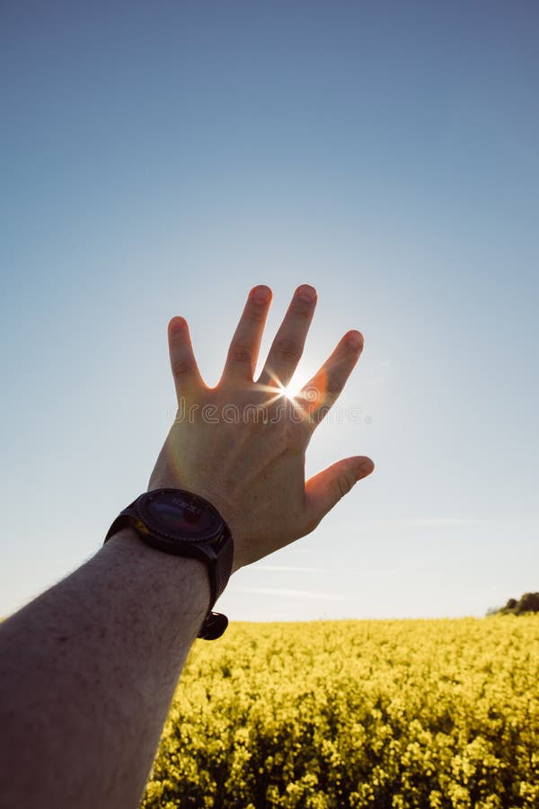 Man Hands with Watch on Wrist Sun Rays Goes Though Fingers Stock Image ...