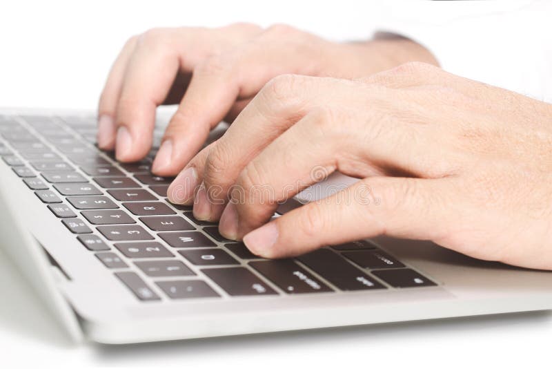 Man Hands Writing on Laptop, Isolated on White Stock Photo - Image of ...