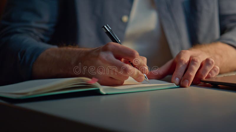 Man Hands Writing Notebook at Late Office Closeup. Anonymous Guy Making ...