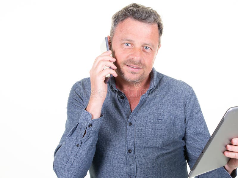 Man Handsome Guy Using Digital Computer Tablet and Mobile Phone ...