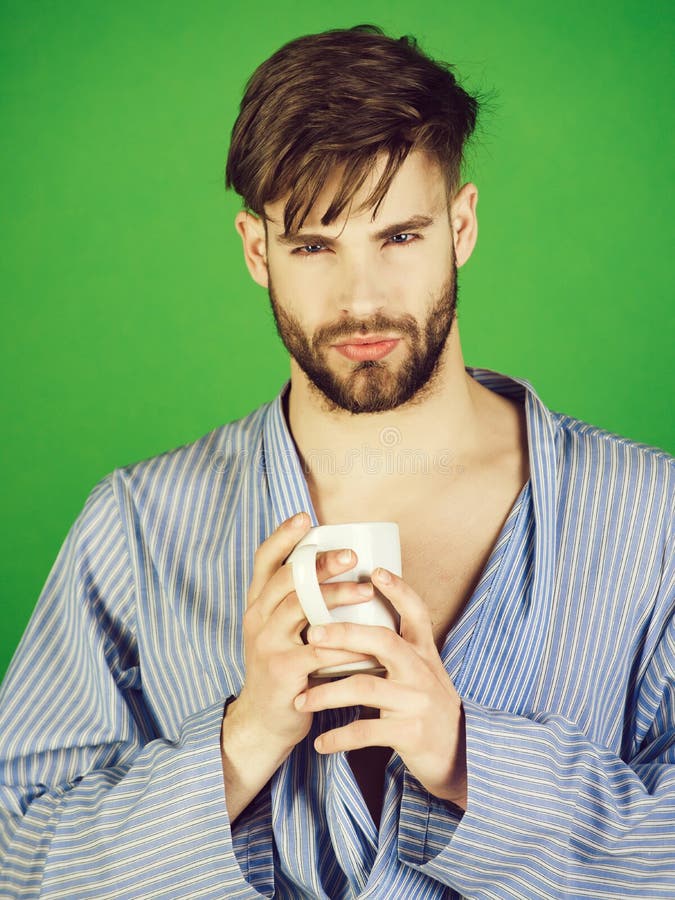 Drinking And Dieting Man Drinking Cup Of Tea Or Coffee In Robe Stock