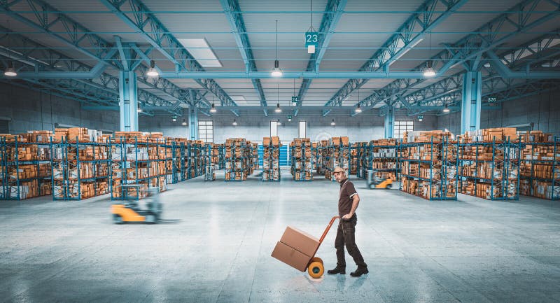 Man with Handtruck Work in Warehouse Stock Image - Image of service ...