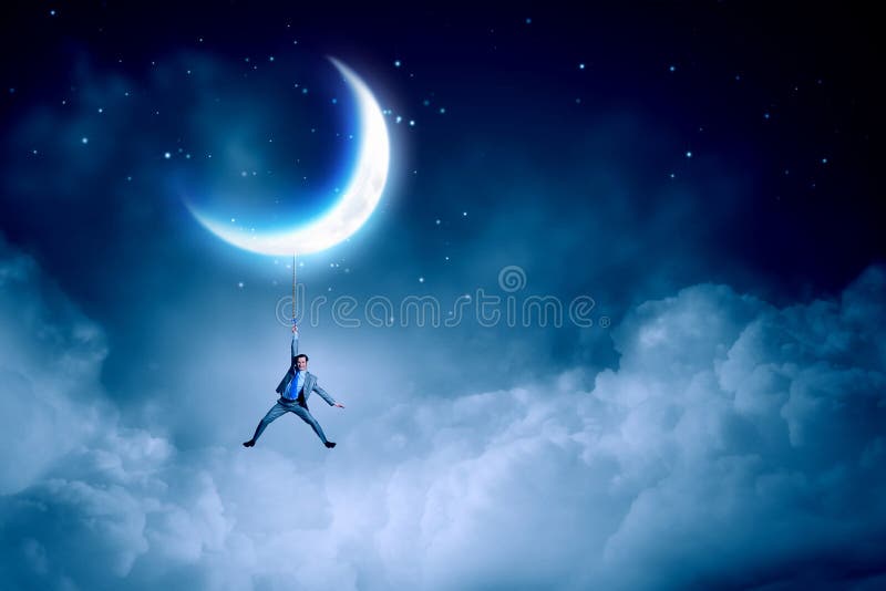 Man hang on moon stock image. Image of concept, adversity - 57779431