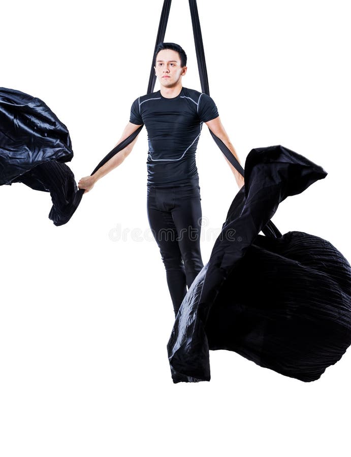 Man Hanging in Aerial Silk, Isolated on White Stock Photo - Image of ...